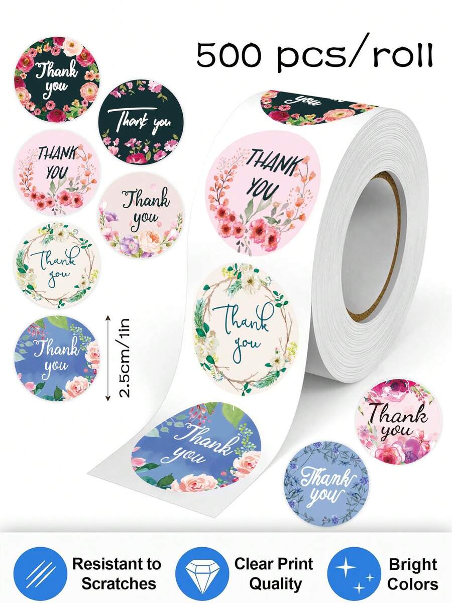 500pcs/Roll Floral Print "Thank You" Sticker Roll, 1-Inch Round ...
