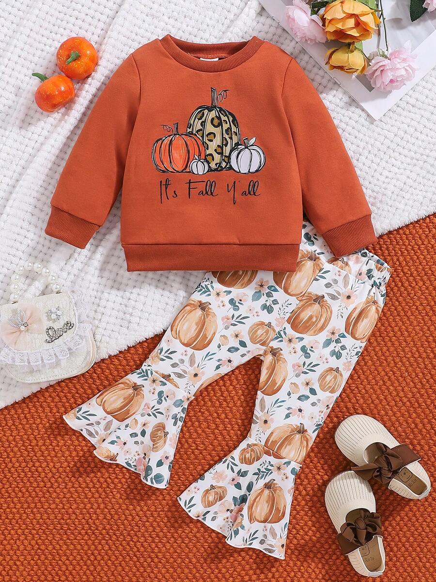 Baby Girl Pumpkin Print Long Sleeve Sweatshirt And Pumpkin Print Flare Pants Set For Autumn ...