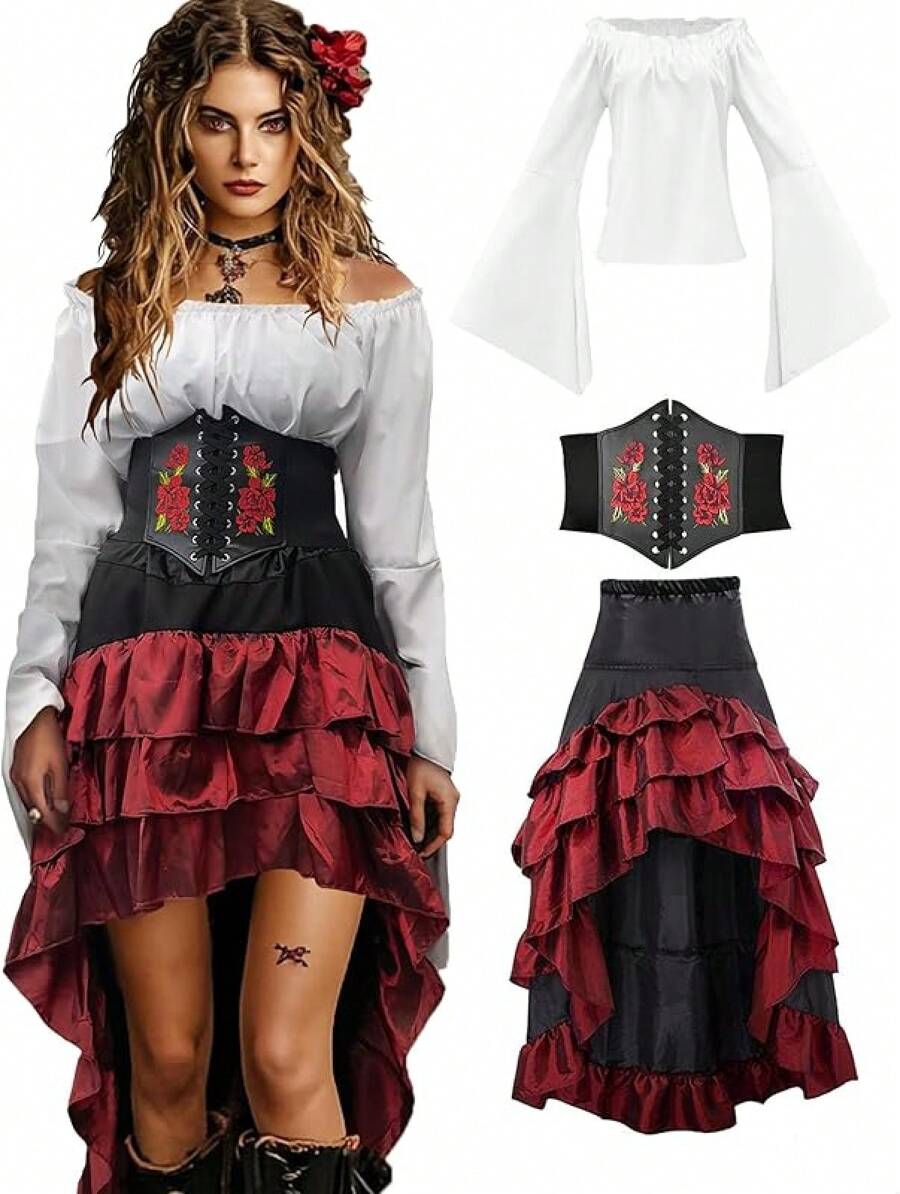 Verceco Pirate Costume Women Outfit With Renaissance Pirate Shirt Skirt ...