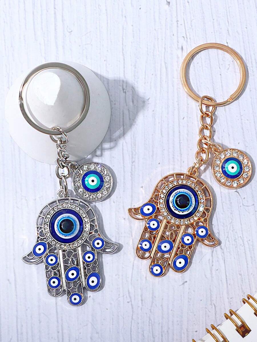 1PC Lucky Rhinestone Evil Eyes Metal Keychains Creative Hand Blue Eye ...