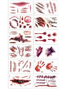 12 Sheets Fake Scars Halloween Temporary Tattoo Fake Stitches Vampire ...