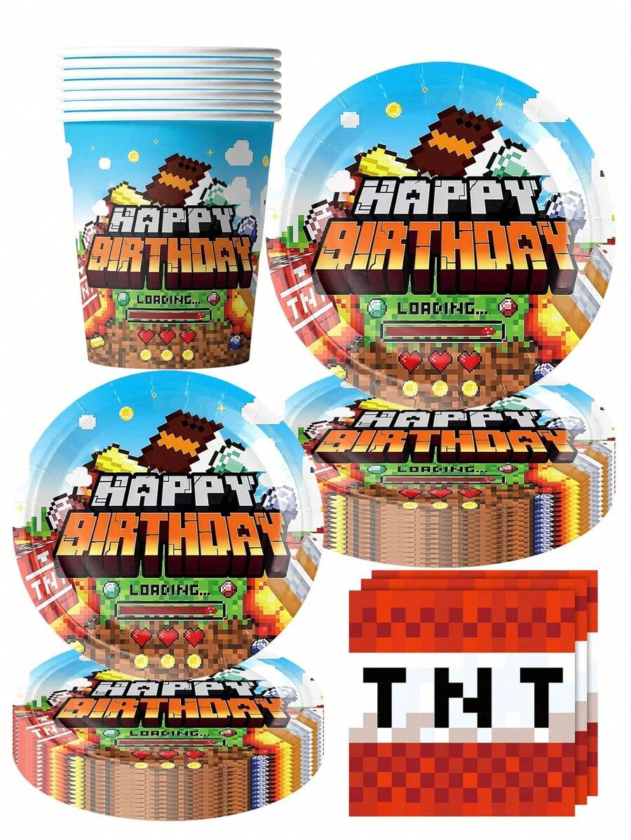 Pixel Game Birthday Disposable Tableware Set - 10Pcs 7/9Inch Plates ...