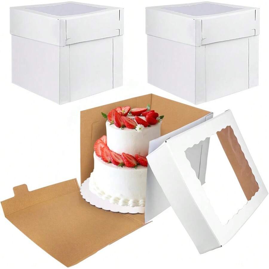 3 Pack 14x14x12 Inch Tall Cake Boxes With Clear Window - Premium White ...