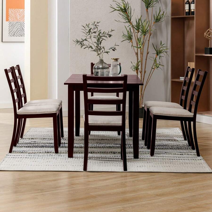 Dining Table Set, 7 Piece Wooden Square Dining Table With Foam Cushion ...