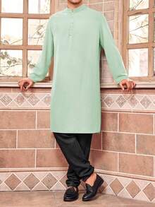 Runcati Men's Arabic Thobe Kaftan Longline Banded Collar Henley Plain ...
