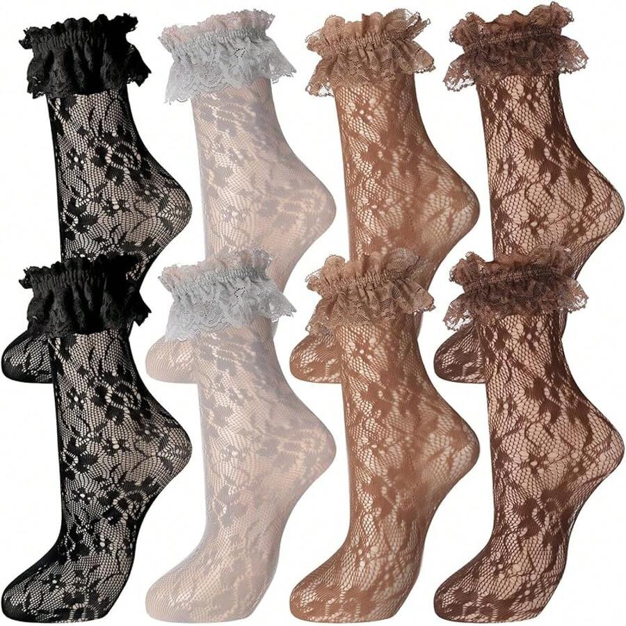 Geyoga 4 Pairs Women's Lace Ankle Socks Ruffle Frilly Mesh Cute Dress ...