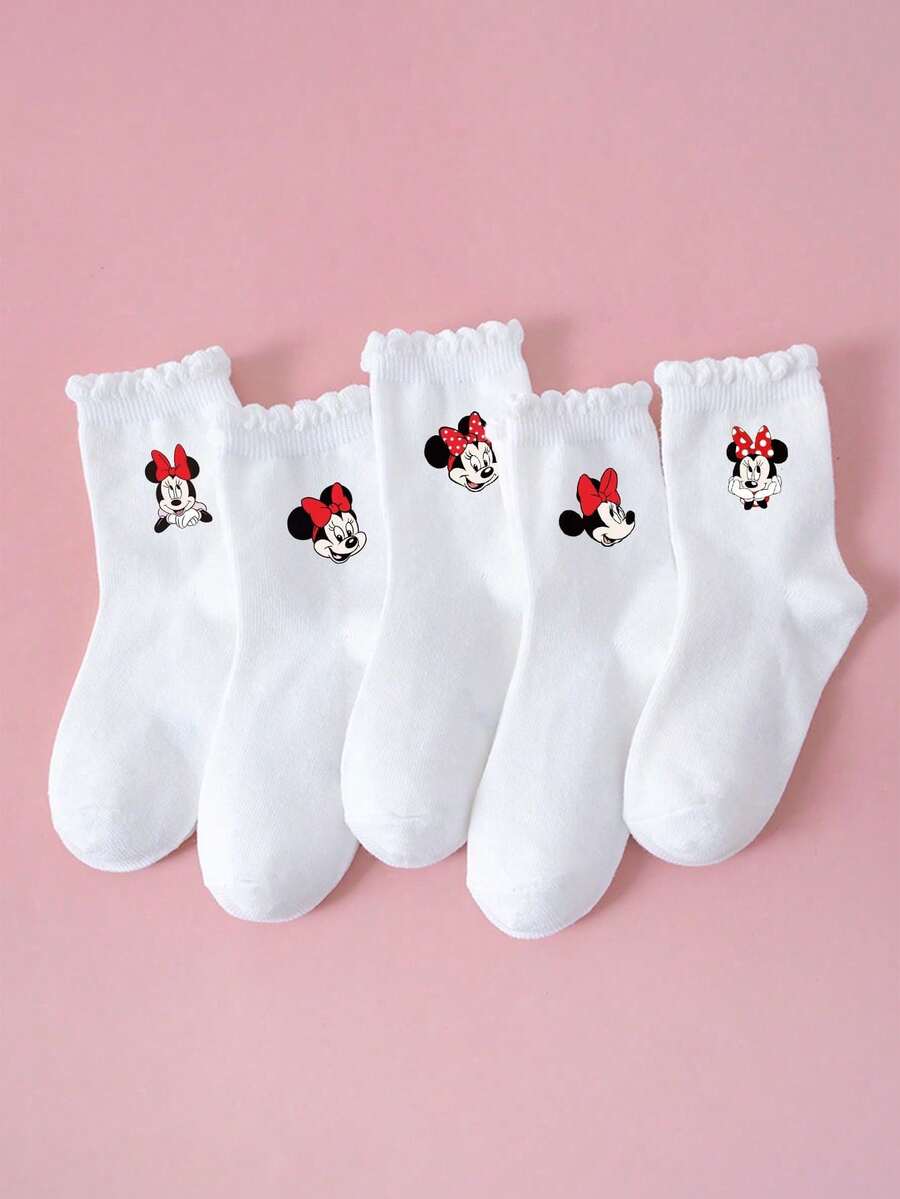 5 Pairs Kids Socks, Ruffle Trim/Cute Minnie Mouse/Bow Pattern, Skin ...