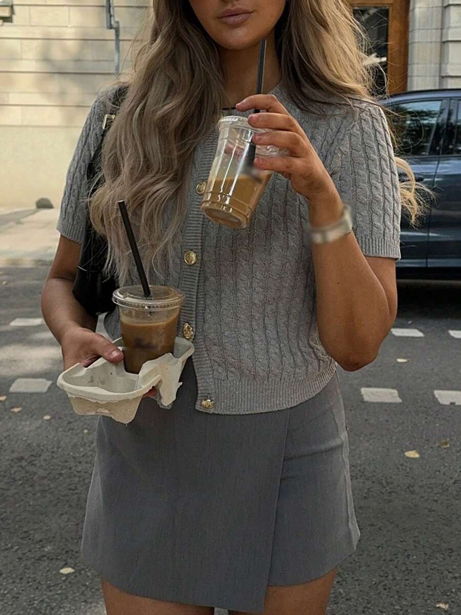 Women's Cable Knit Cardigan Solid Color Round Neck Short Sleeve Button ...