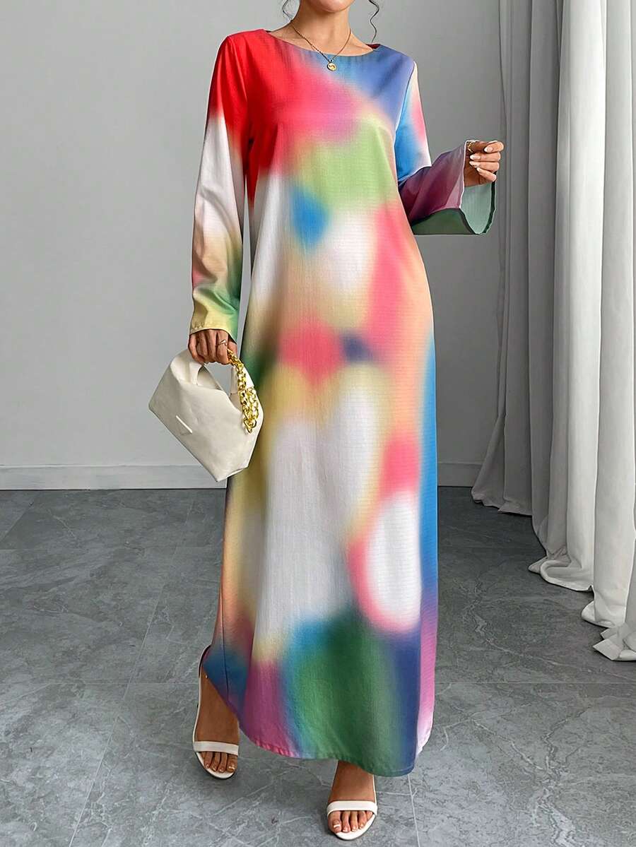 Middle Eastern Women's Caftan Dress, Round Neck Tie-Dye Print Contrast ...