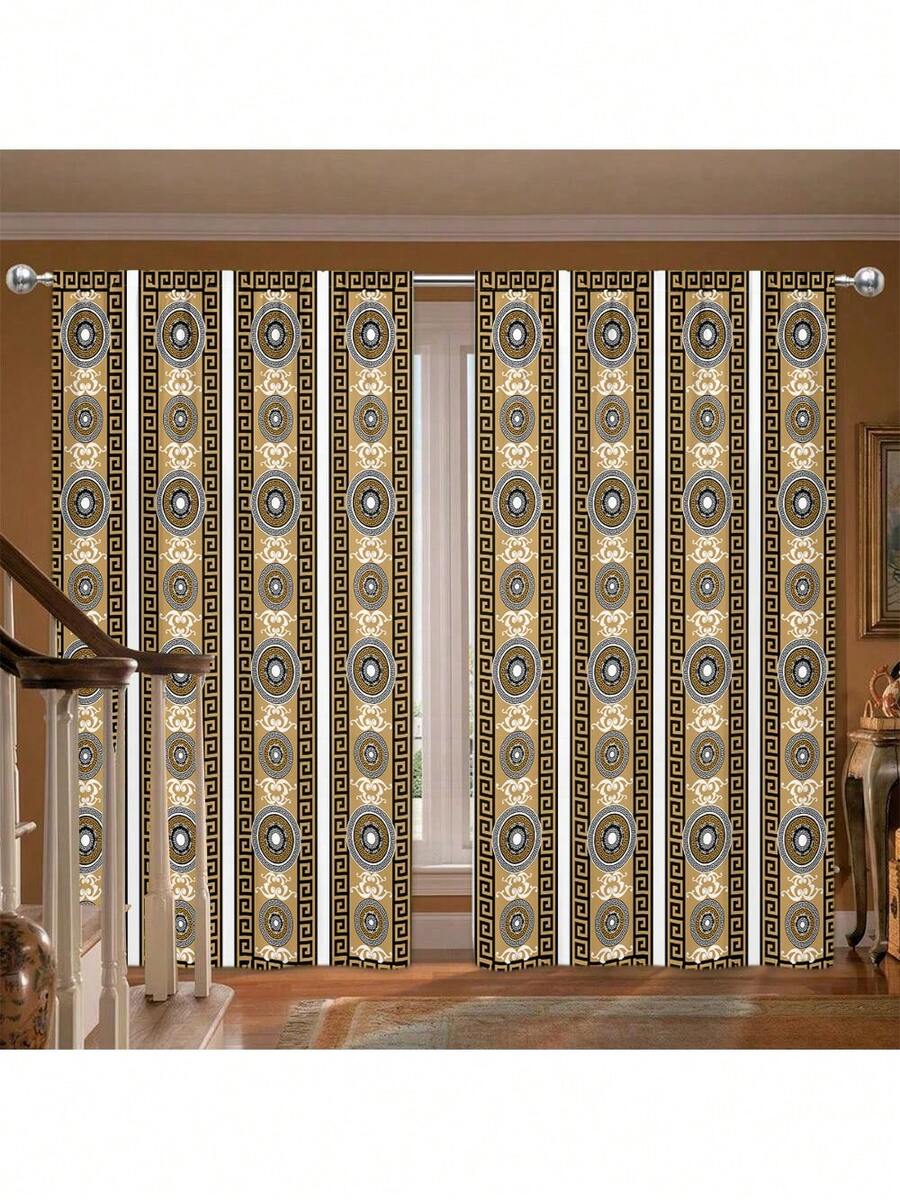 2Pcs Luxury Greek Key Pattern Curtains, Elegant Medallion Print Design ...