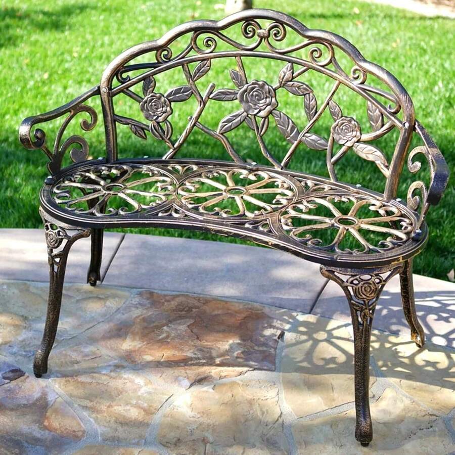 Patio Park Garden Bench, 39in Antique Finish Outdoor Floral Rose ...