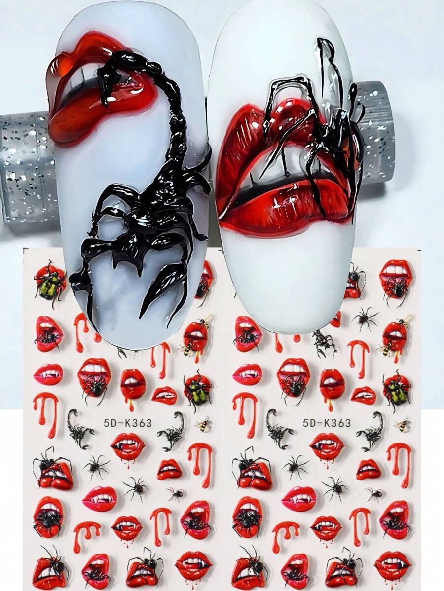 FULL BEAUTY 2 Stücke geprägte Halloween Blutig Rote Lippen Spinnen ...