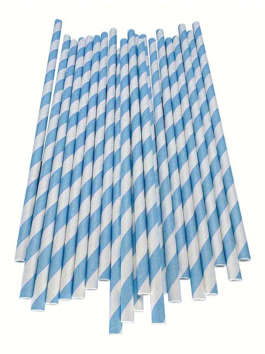 100pcs Blue & White Striped Paper Straws, 6x197mm, Paper Material ...