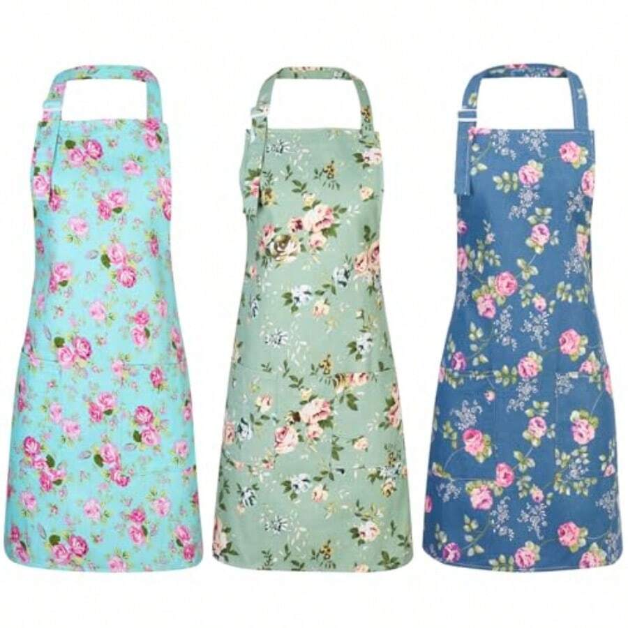 3 Pack Floral Aprons For Women Adjustable Kitchen Aprons With 2 Pockets ...