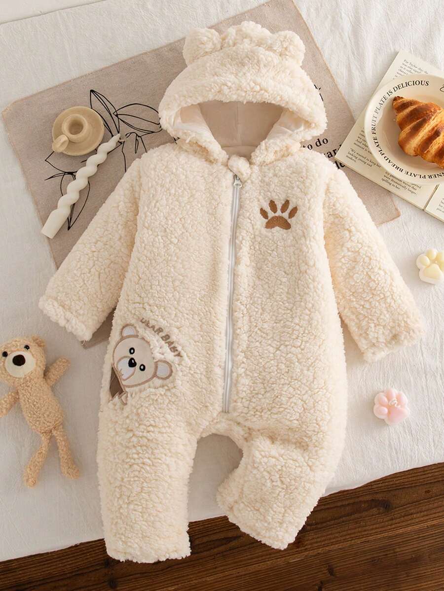 Infant Cartoon Embroidered Fleece Romper, Baby Hooded Zip-Up Cute Outerwear, Infant Winter ...