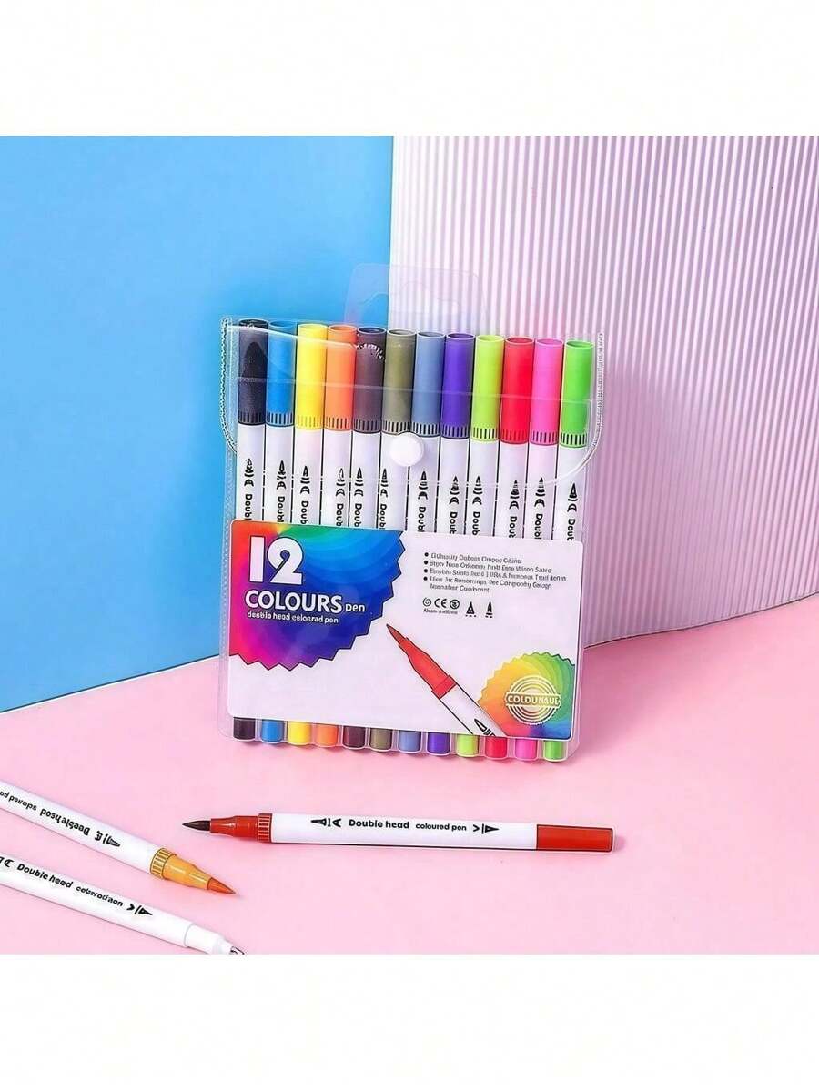 12 Colors Kit 2-In-1 Brush Lettering Pen And Fine Tip Dual Pen Coloring ...