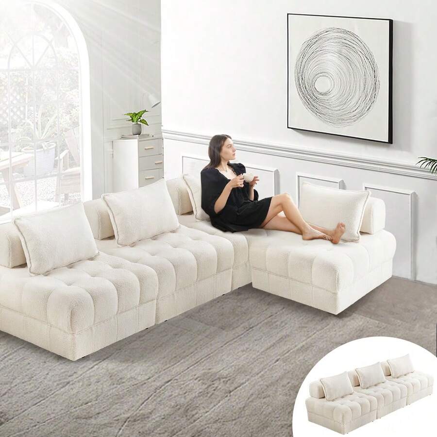 SUN YEE 3 Seater Boucle Modular Sofa Lounge Chair Armless TOFU Back ...