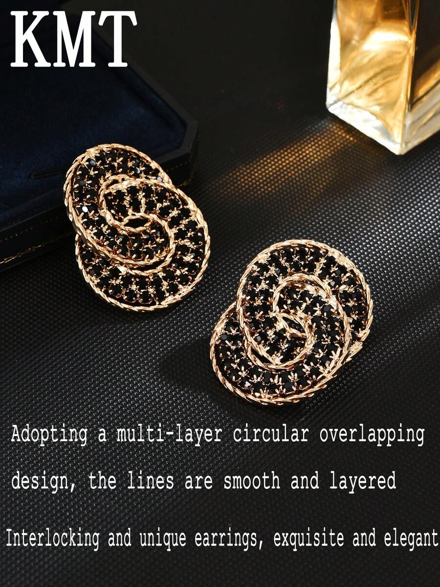 KMT 2pcs Copper Rhinestone Embellished Exaggerated Double Circle Luxury ...