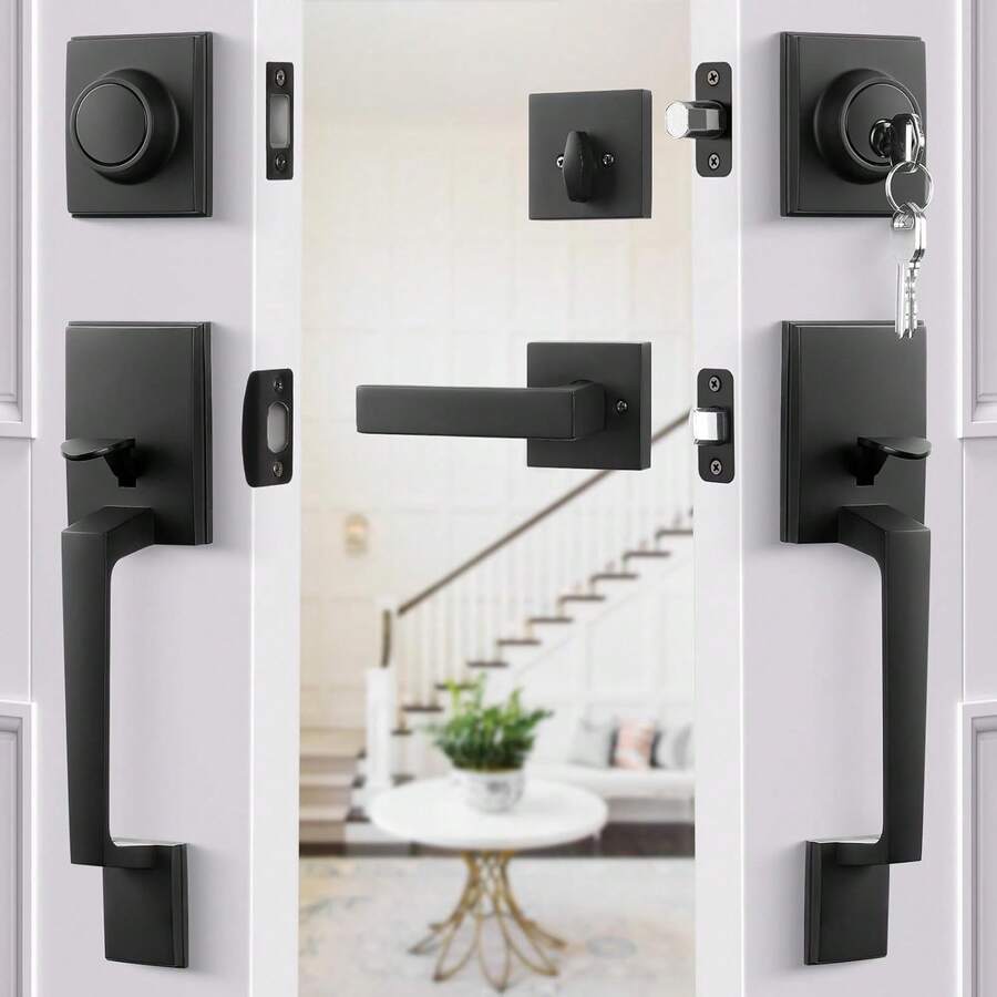 Matte Black Double Door Door Lock Set, Heavy Duty Double Door Handle ...