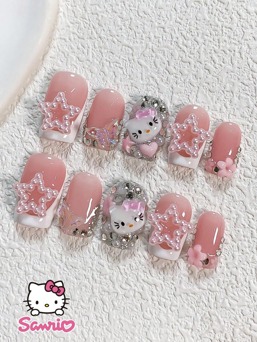 Sanrio 10 peças de adesivos de unha quadrados curtos, estampa francesa ...