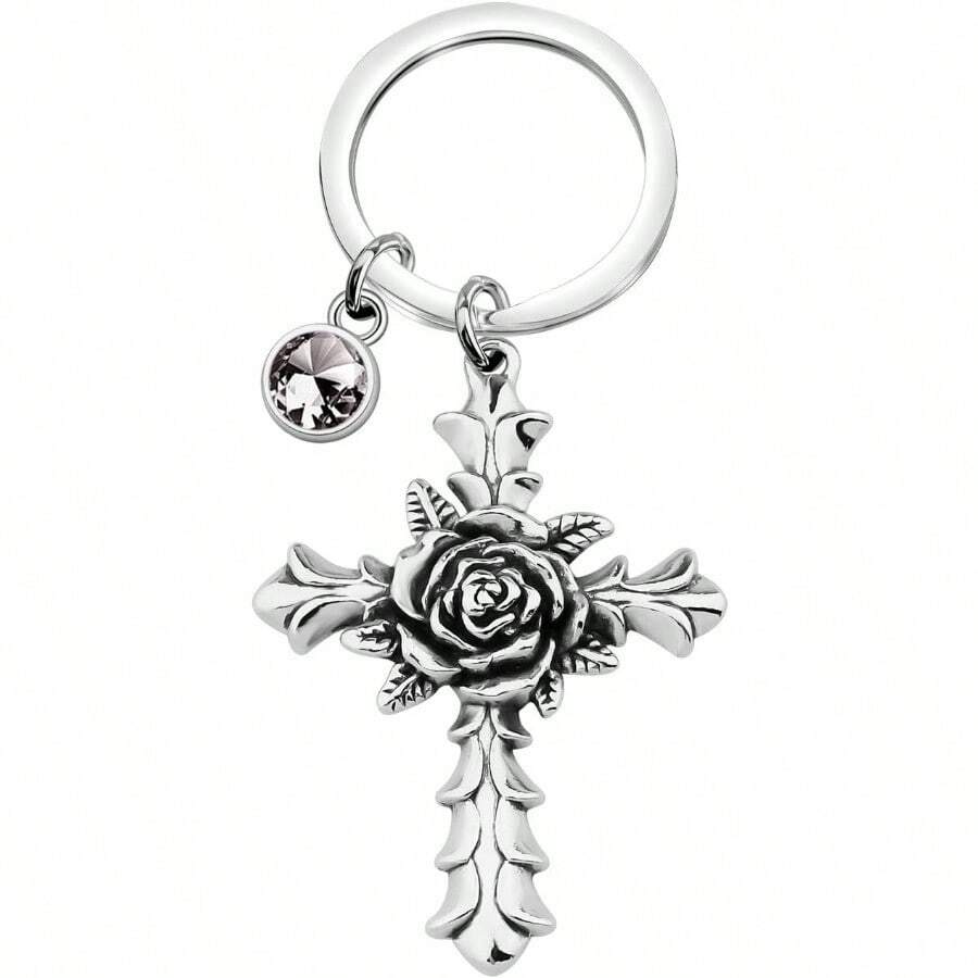 Rose Cross Keychain With 12 Birthstones Jewelry Memorial Gifts Baptism ...