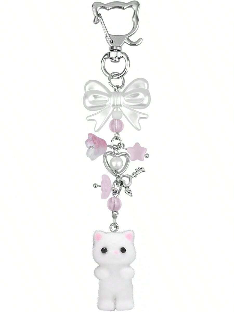 Cat Keychain, Cute Fuzzy Kitty Key Chain White Plush Kitten Charm ...