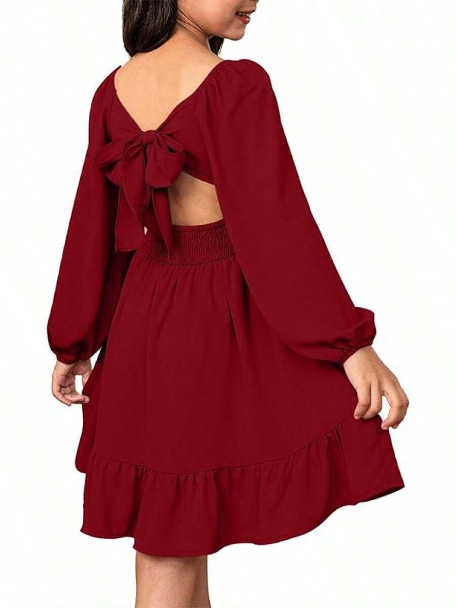 The Latest Model In 2025 Girls Long Sleeve Tie Back Dress Tween Fall ...