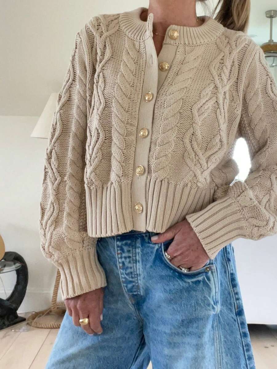 Women Button Front Sweater Long Sleeve Crew Neck Solid Color Chunky ...