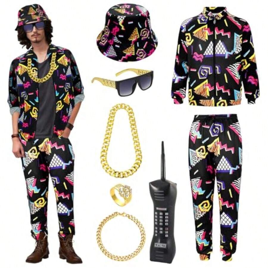 8 Pcs 80s 90s Outfit For Men 80s 90s Tracksuits Hip Hop Costume ...
