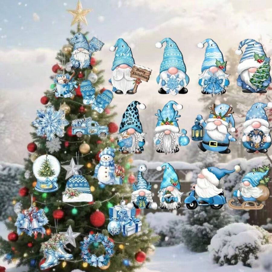 24pcs Wooden Decorations, Blue Snowflake, Gnomes, Snowman Hanging ...