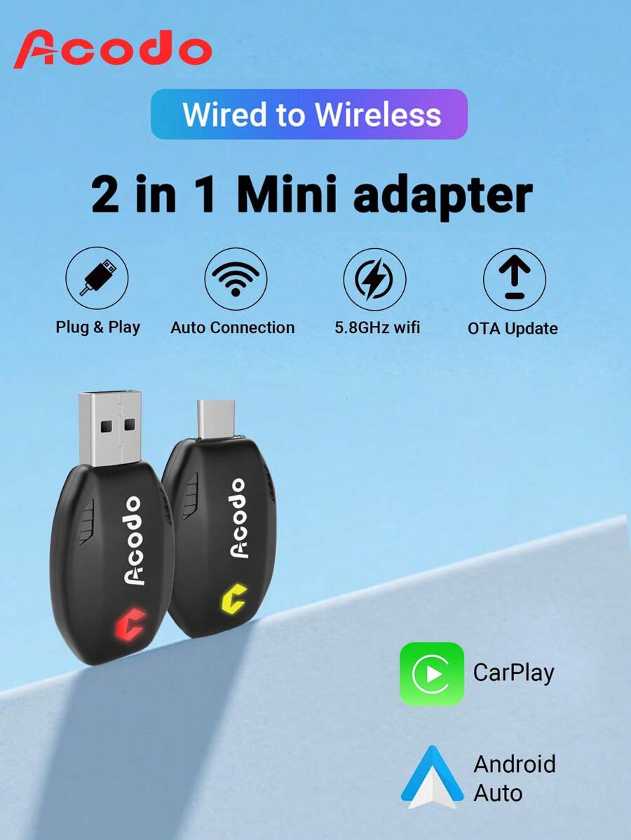 Acodo Adaptador inalámbrico 2 en 1 para CarPlay y Android Auto Acodo 2025 nuevo mini ...