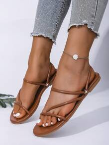 Women's 2025 Summer New Toe Ring Strap Brown Flat Sandals | SHEIN USA
