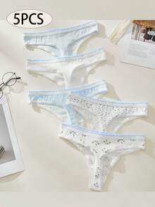 5PCS Fresh Blue And White Wave Lace Women's Underwear Soft Cotton ...