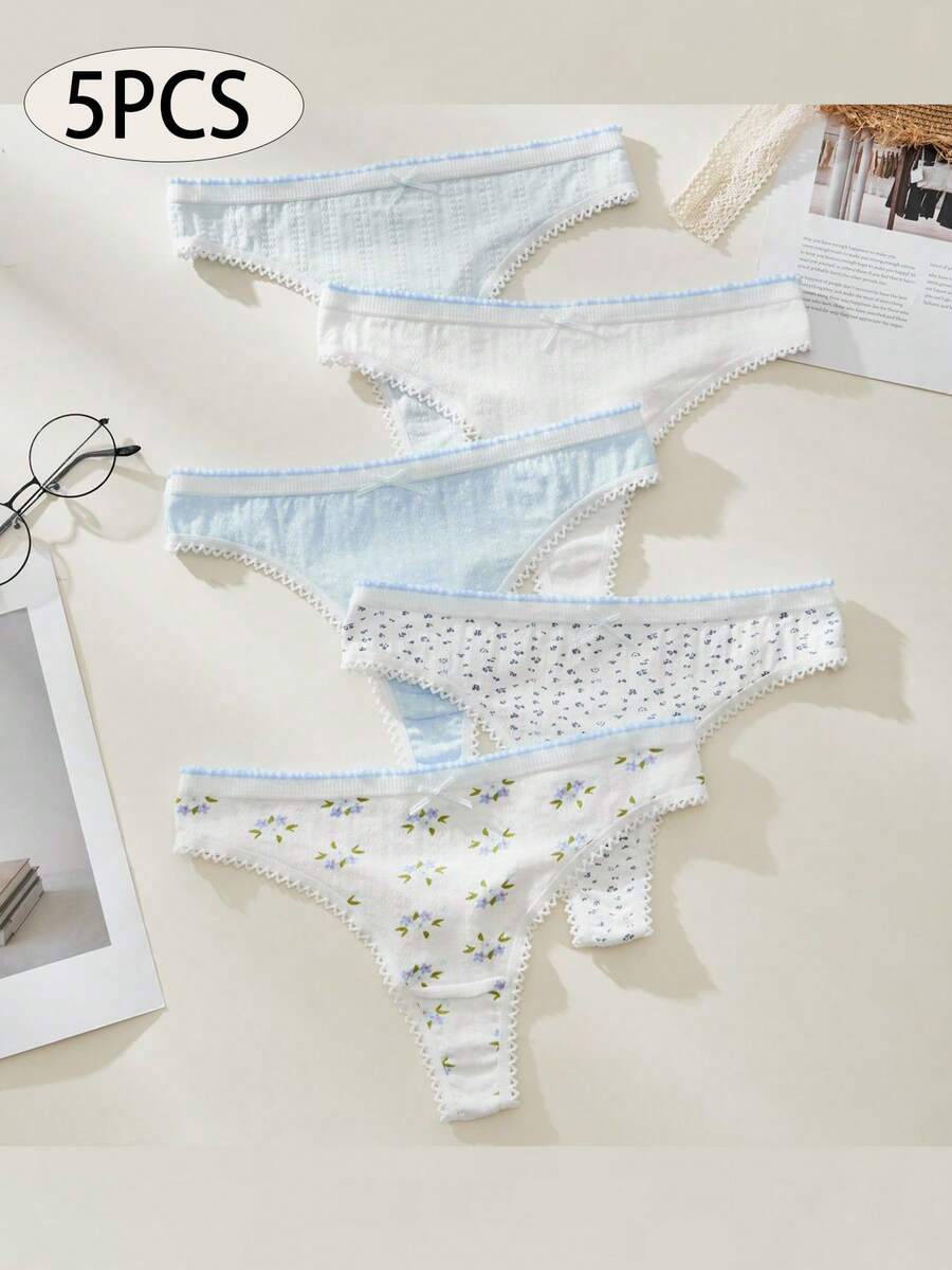 5PCS Fresh Blue And White Wave Lace Women's Underwear Soft Cotton ...
