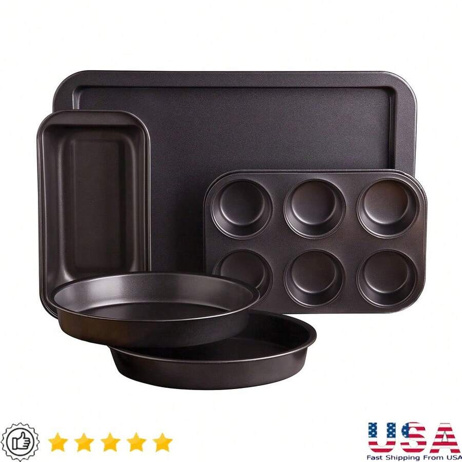 5 Piece Non-Stick Bakeware Set Carbon Steel Muffin Loaf Cookie Round ...