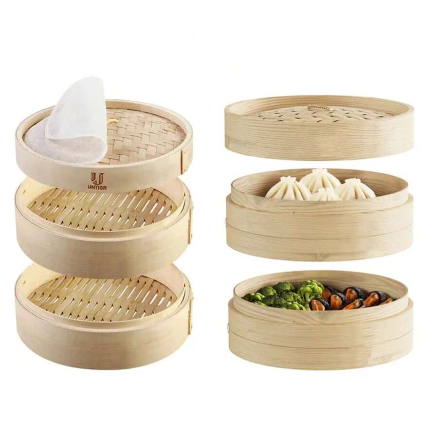 Handmade Bamboo Steamer Basket With Lid Multi-Use Traditional Dumpling ...
