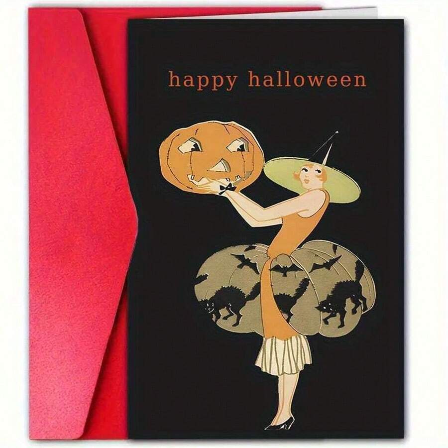 Scary Halloween Greeting Card With Envelope - Horror Pumpkin And Cat ...