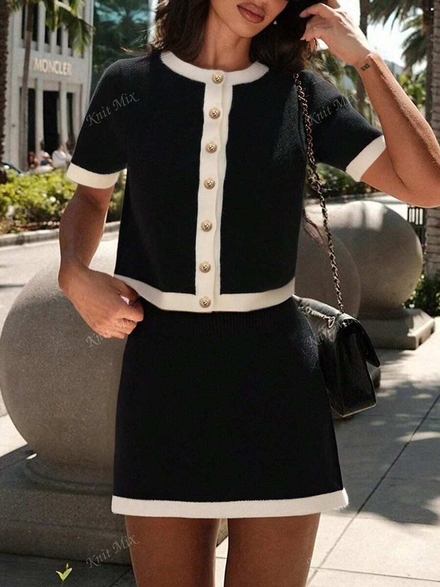 Knit Mix Elegant Colorblock Knit Cardigan Set, Autumn Winter Fashion ...