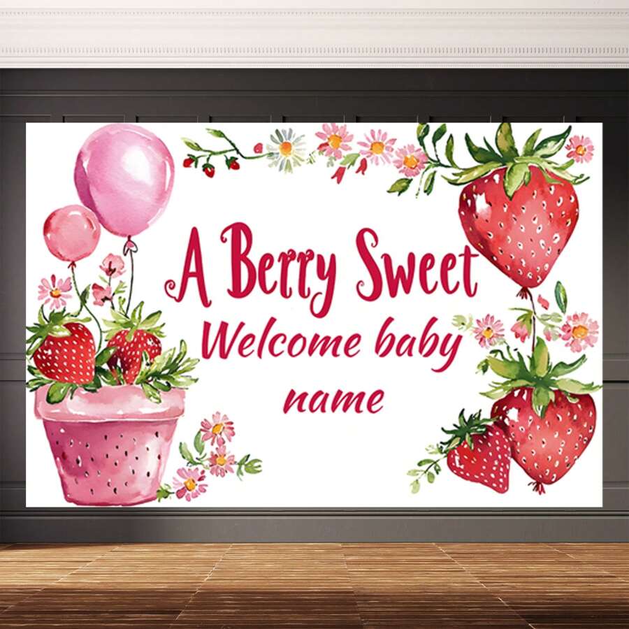 Customizable Personalized Strawberry Themed Party Gender Reveal Backdrop Banner With Sweet Berry ...