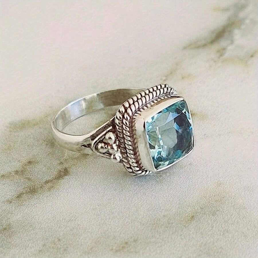 Vintage Elegant Artificial Blue Cubic Ia Ring Pendant Women's Silvery ...