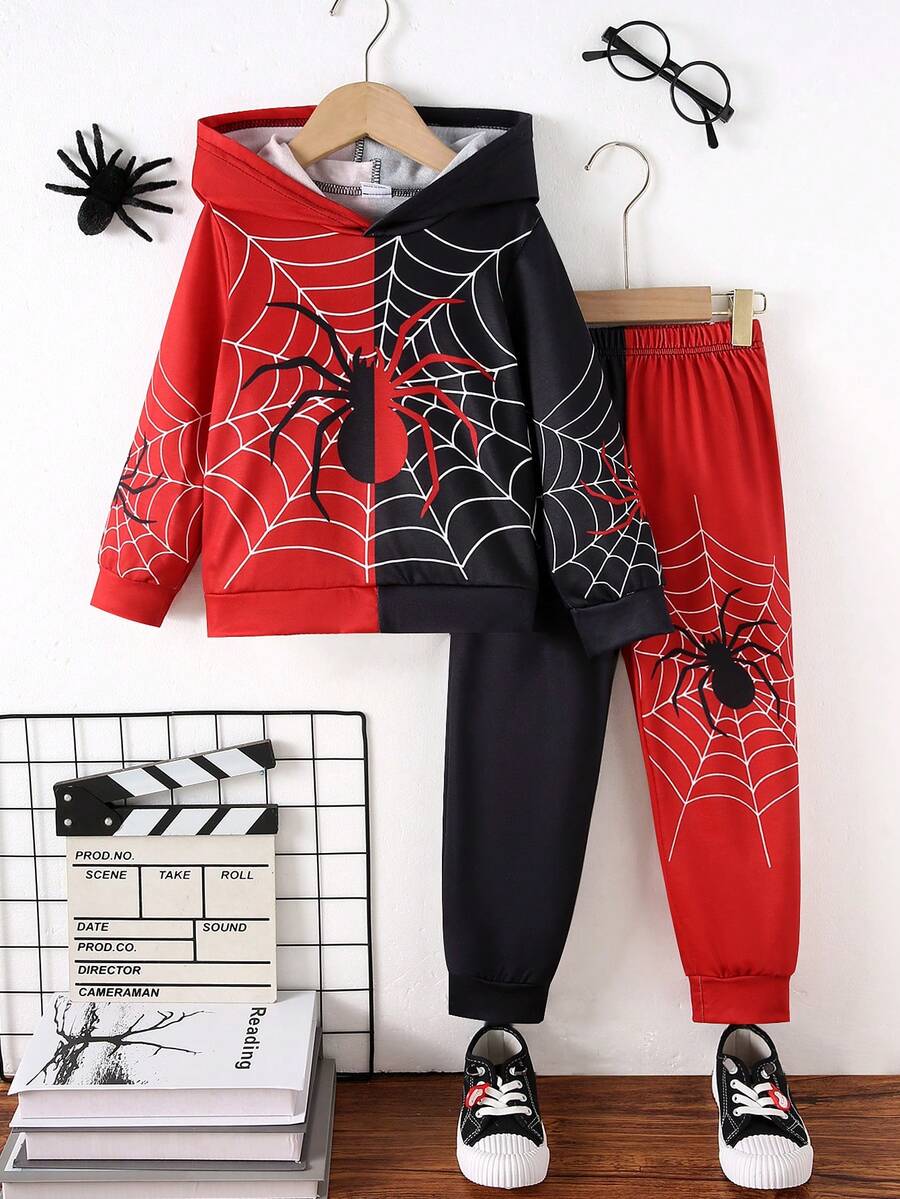 2pcs/Set Boys' Halloween Spider Print Colorblock Hoodie Sweatshirt ...