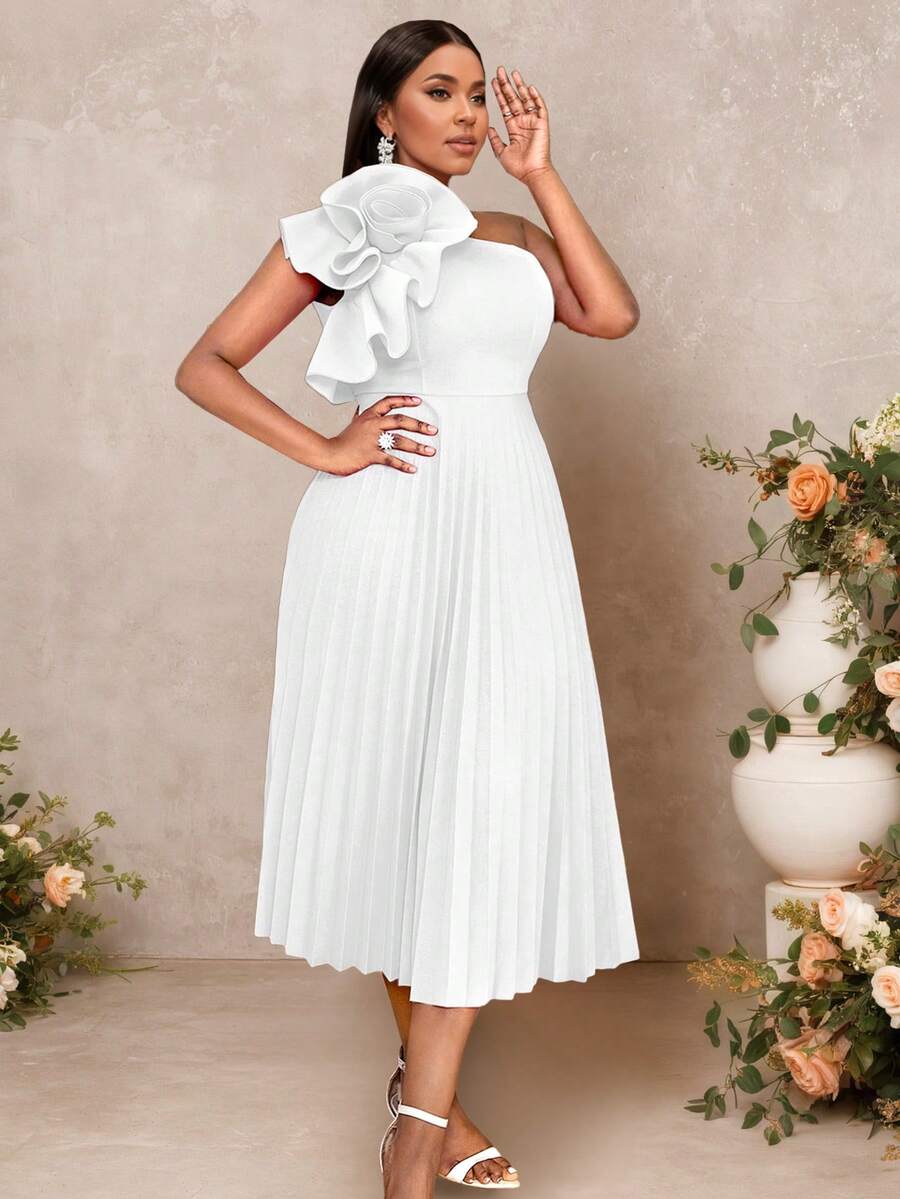 One Shoulder Oblique Collar Pleated Graduation Dress, Christmas Party ...