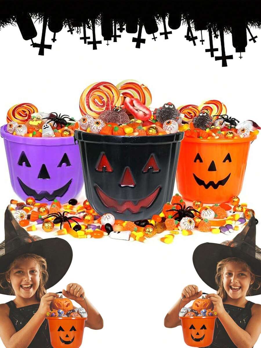 Cubo de trucos y dulces de Halloween, Cesta de calabaza con luces de ...