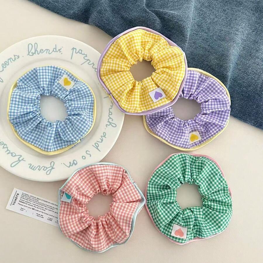1pc Heart Plaid Dopamine Hair Scrunchie, Versatile Hair Tie For Messy ...