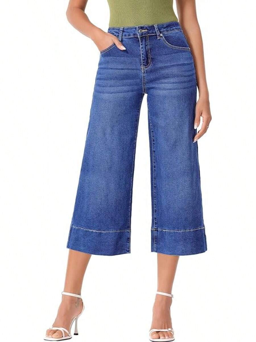 Wide Leg Jeans For Women High Waisted Capri Pants Stretchy Straight ...