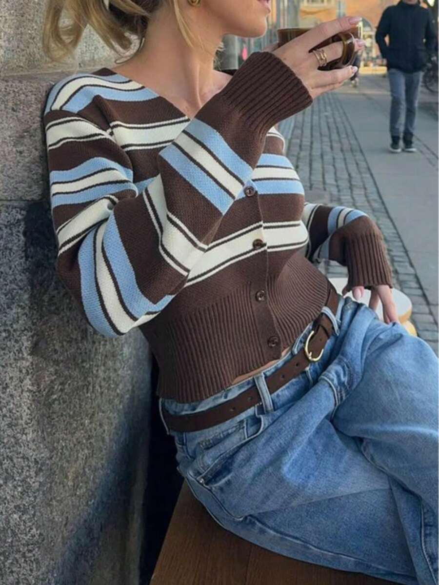 Senya Autumn And Winter New V-Neck Retro Stripe Color Blocked Long ...