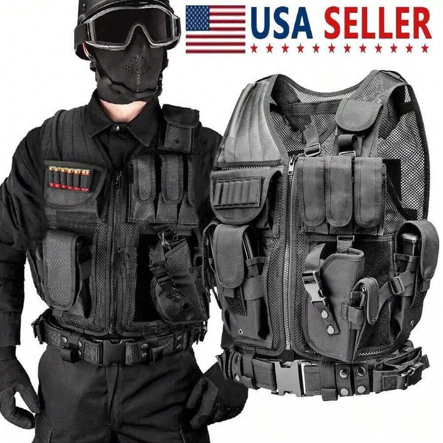 Military Tactical Vest With Gun Holster Molle Police Assault Combat ...