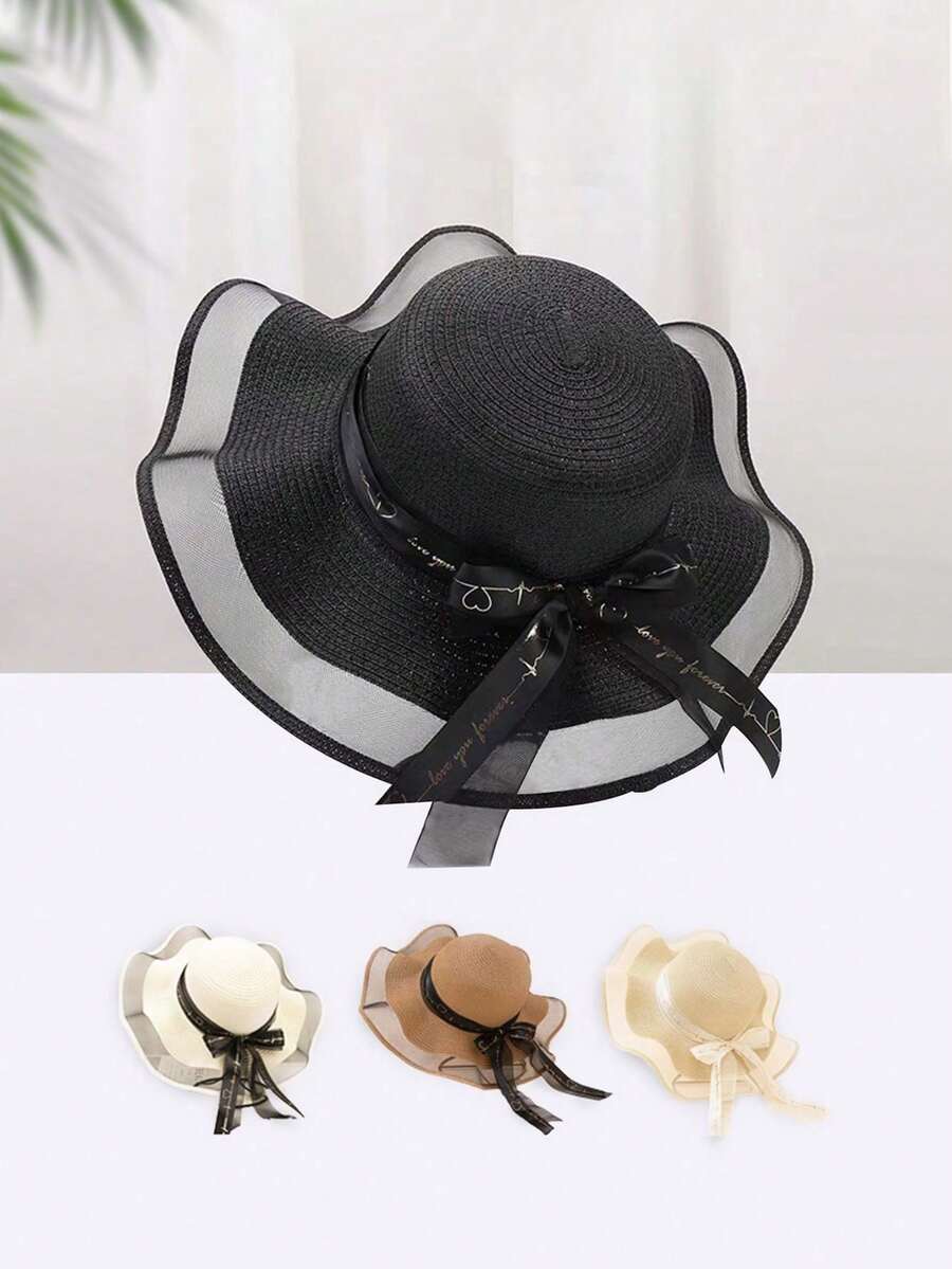 1 Large Eave Wave Bow Net Edge Ribbon Straw Hat For Women's Outdoor ...
