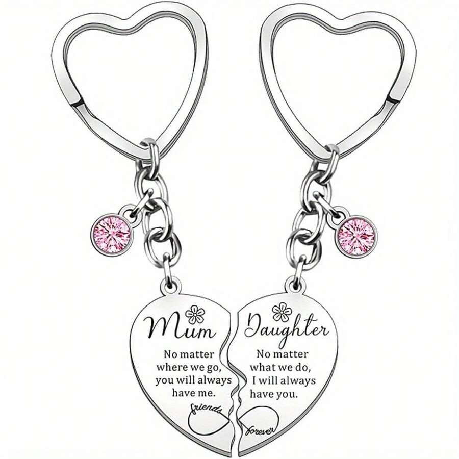 Cherish Mom And Daughter Keychain Set - Stainless Steel, Heart Shaped ...