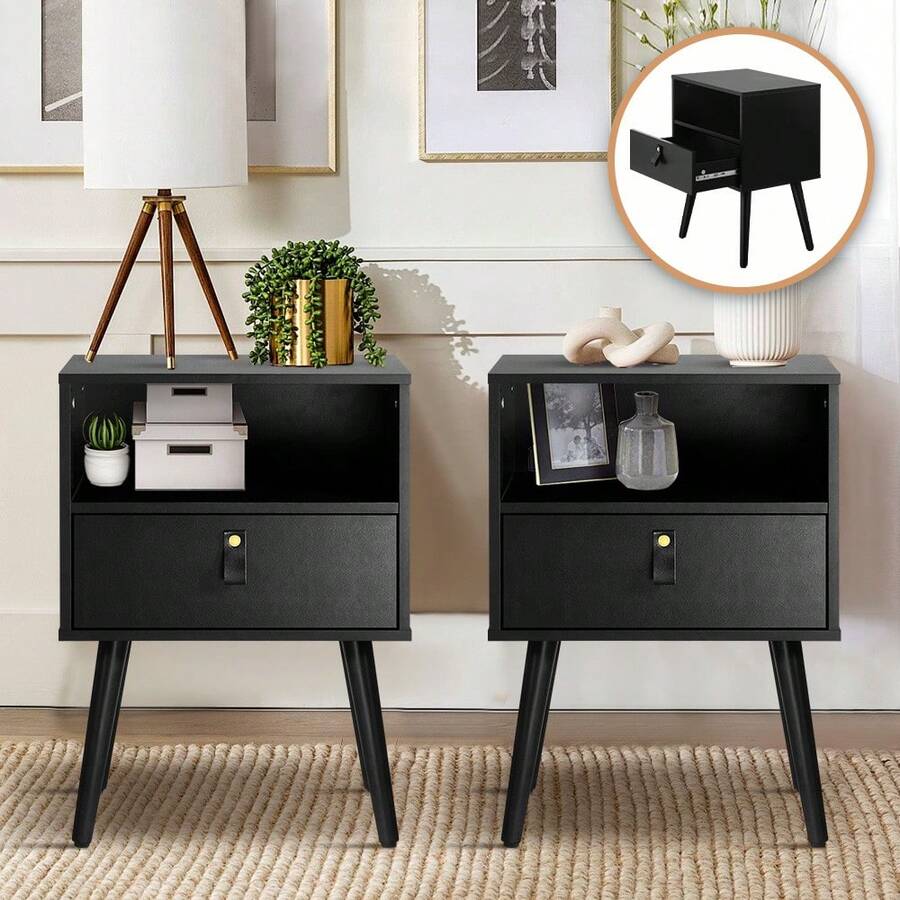 SUN YEE 2 X Bedside Tables Side Table W/ Leather Handle Black for Sale ...